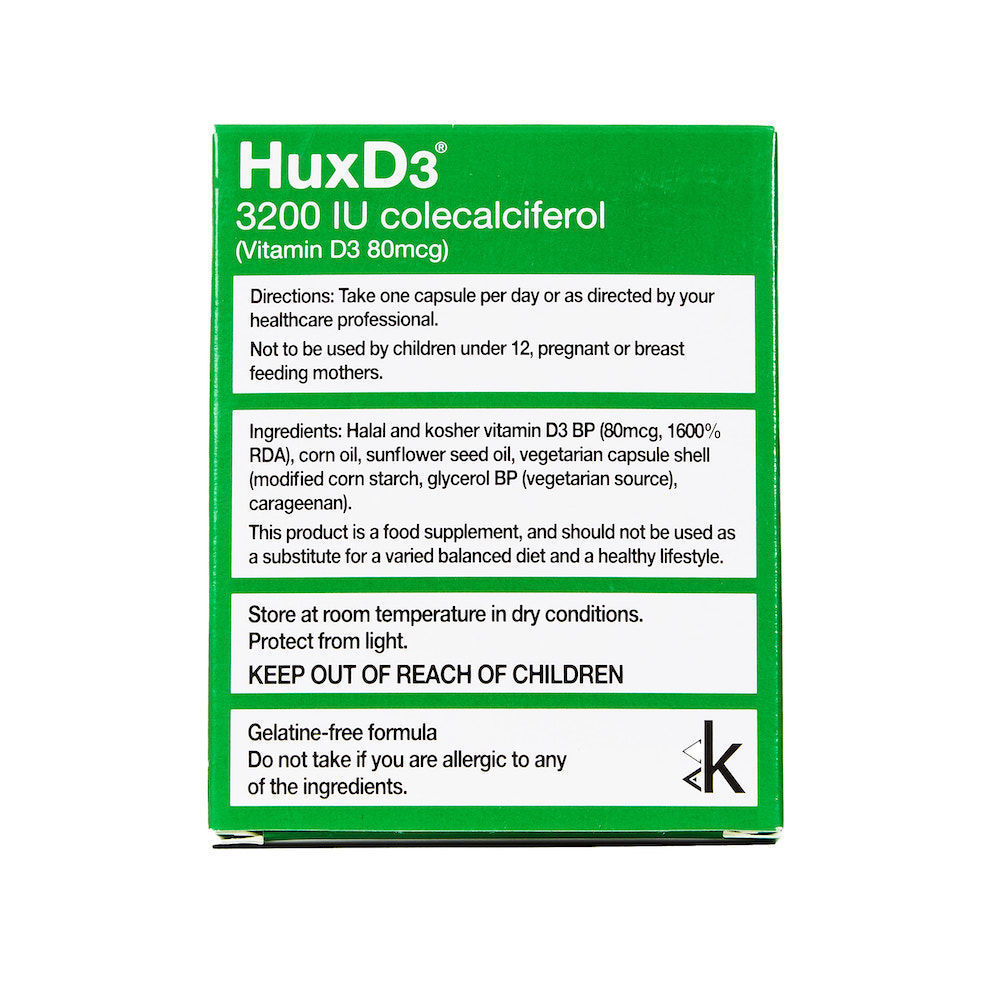 Hux D3 Colecalciferol Vitamin D3 3200 IU Capsules x 30 Pack Of 1 hux-d3-colecalciferol-vitamin-d3-3200-iu-capsules-x-30-pack-of-1